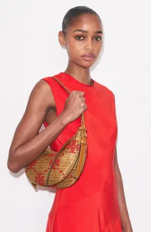 Tory Burch Romy T Monogram Straw Half-moon Shoulder Bag - Natural