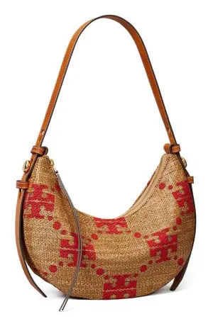 Tory Burch Romy T Monogram Straw Half-moon Shoulder Bag - Natural