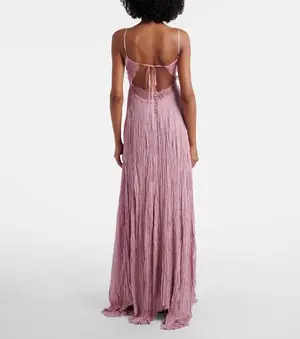 Blumarine Lace-trimmed Plissé Georgette Gown - Pink