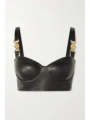 Versace Icons Embellished Leather Bustier Top - Black