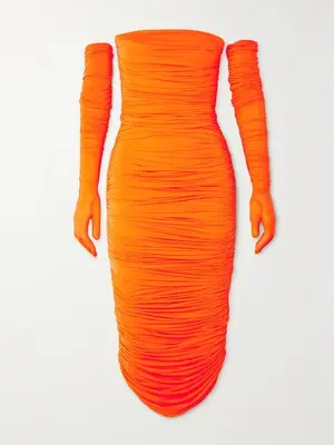 Alex Perry Clarion Strapless Ruched Dress And Gloves Set - Orange