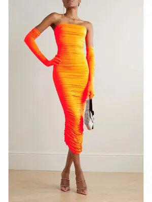Alex Perry Clarion Strapless Ruched Dress And Gloves Set - Orange