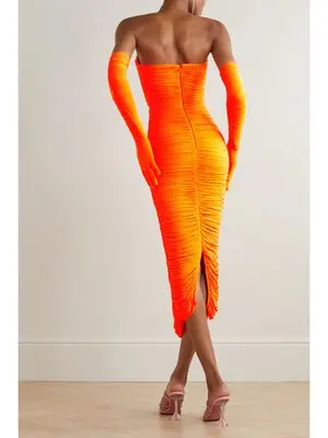 Alex Perry Clarion Strapless Ruched Dress And Gloves Set - Orange