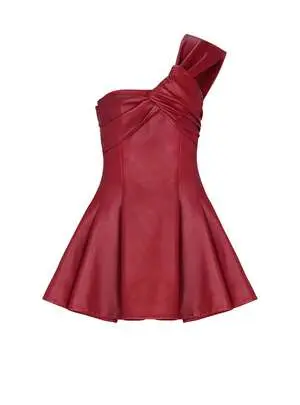 Balmain Smooth Leather One-shoulder Mini Dress - Red