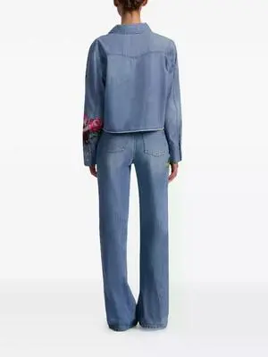 Alice + Olivia Floral Cropped Denim Shirt - Blue