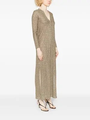 SIYU Long Sleeve Printed V-neck Kaftan Dress - Beige