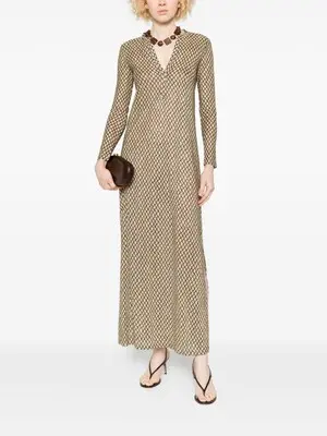SIYU Long Sleeve Printed V-neck Kaftan Dress - Beige