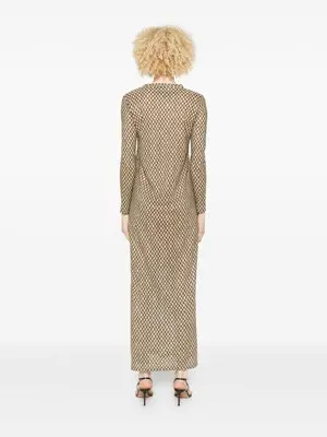 SIYU Long Sleeve Printed V-neck Kaftan Dress - Beige