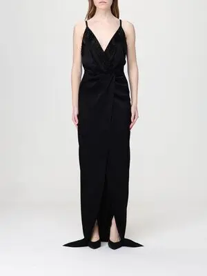 Elisabetta Franchi Long Satin Dress With Sequins And V-neck - Black