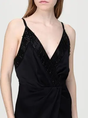 Elisabetta Franchi Long Satin Dress With Sequins And V-neck - Black