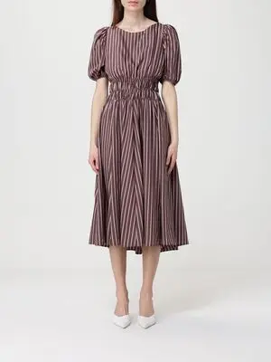 Pinko Striped Cotton Midi Dress With Puff Sleeves