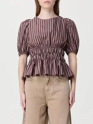 Pinko Striped Viscose Puff Sleeve Blouse With Ruffled Hem - Brown
