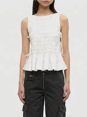 GANNI Sleeveless Cotton Top With Ruffled Hem - White