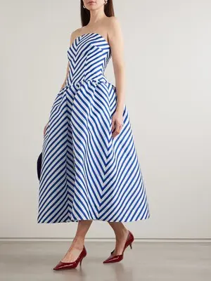 SELF-PORTRAIT Strapless Striped Taffeta Midi Dress