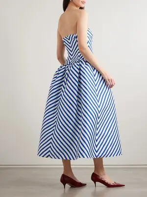 SELF-PORTRAIT Strapless Striped Taffeta Midi Dress