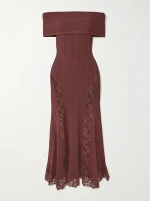 SELF-PORTRAIT Off-the-shoulder Lace-trimmed Ribbed-knit Midi Dress