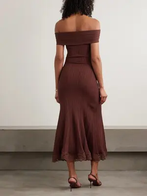 SELF-PORTRAIT Off-the-shoulder Lace-trimmed Ribbed-knit Midi Dress