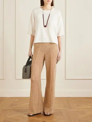 ALLUDE Crochet-knit Wool And Cashmere-blend Wide-leg Pants - Brown