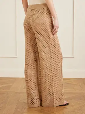 ALLUDE Crochet-knit Wool And Cashmere-blend Wide-leg Pants - Brown