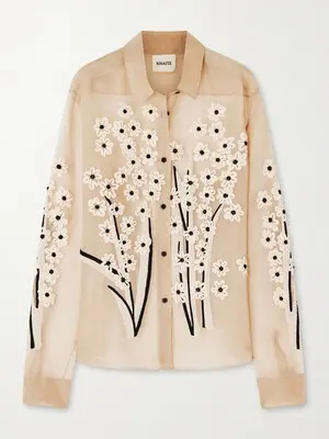 Khaite Appliquéd Embroidered Silk-organza Shirt - Neutrals