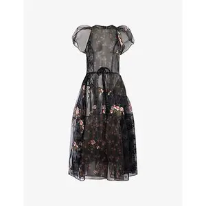 Simone Rocha Patch Flounce Sheer Organza Midi Dress - Black Patchwork Black