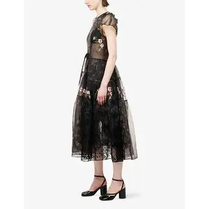 Simone Rocha Patch Flounce Sheer Organza Midi Dress - Black Patchwork Black
