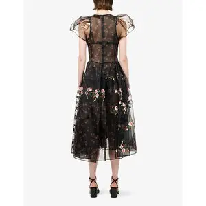 Simone Rocha Patch Flounce Sheer Organza Midi Dress - Black Patchwork Black