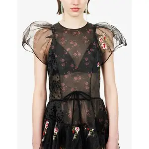 Simone Rocha Patch Flounce Sheer Organza Midi Dress - Black Patchwork Black