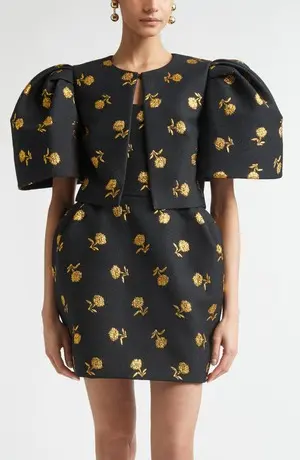Carolina Herrera Carnation Jacquard Bell Sleeve Crop Jacket
