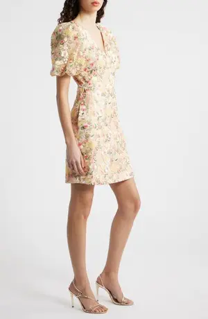 Eliza J Embroidered Puff Sleeve Cocktail Dress