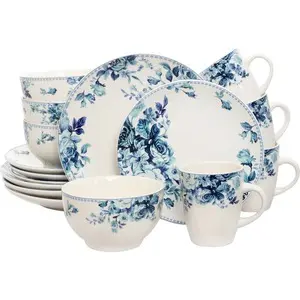 ELAMA Traditional Rose 16 Piece Dinnerware Set - Blue