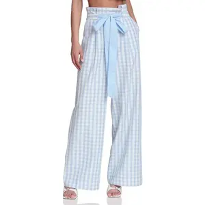 Avec Les Filles Tie Waist Wide Leg Pants - Light Blue Gingham