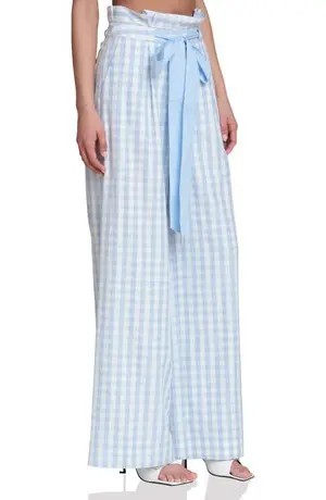 Avec Les Filles Tie Waist Wide Leg Pants - Light Blue Gingham