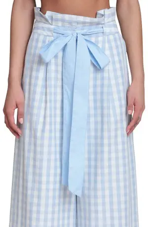 Avec Les Filles Tie Waist Wide Leg Pants - Light Blue Gingham