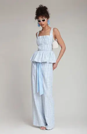 Avec Les Filles Tie Waist Wide Leg Pants - Light Blue Gingham