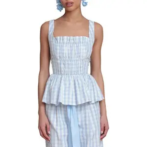 Avec Les Filles Gingham Peplum Top - Light Blue Gingham