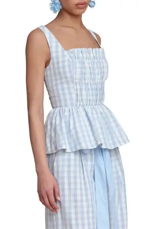 Avec Les Filles Gingham Peplum Top - Light Blue Gingham