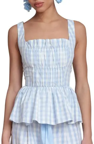 Avec Les Filles Gingham Peplum Top - Light Blue Gingham