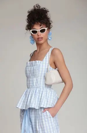 Avec Les Filles Gingham Peplum Top - Light Blue Gingham