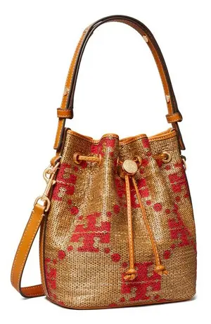 Tory Burch T Monogram Straw Bucket Bag - Natural