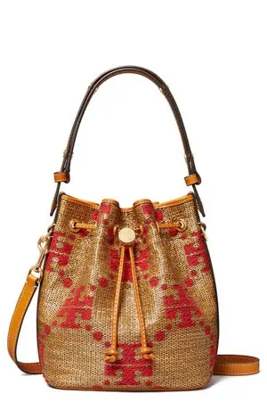 Tory Burch T Monogram Straw Bucket Bag