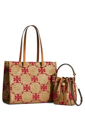 Tory Burch T Monogram Straw Bucket Bag