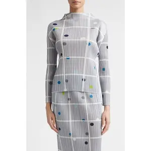 Issey Miyake Crossing Dots Pleated Funnel Neck Top - Light Gray