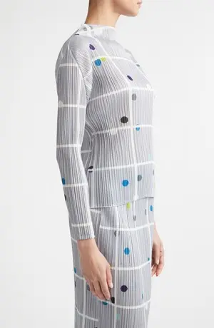 Issey Miyake Crossing Dots Pleated Funnel Neck Top - Light Gray