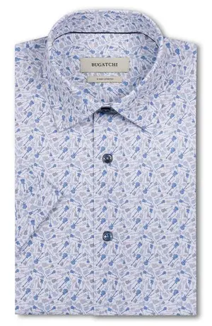 Bugatchi Miles Ooohcotton® Guitar Print Short Sleeve Button-up Shirt - Peacock