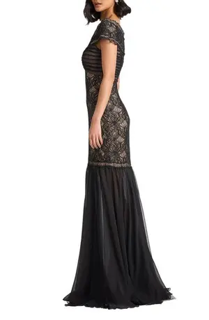 Tadashi Shoji Off-the-shoulder Mixed Media Lace Gown - Black/nude