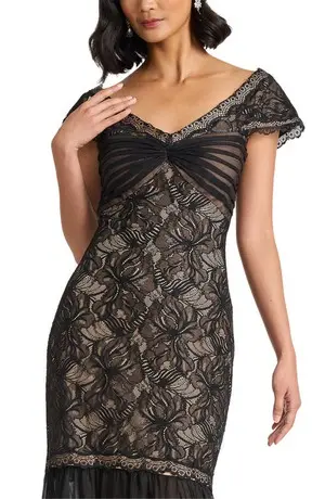 Tadashi Shoji Off-the-shoulder Mixed Media Lace Gown - Black/nude