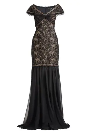 Tadashi Shoji Off-the-shoulder Mixed Media Lace Gown - Black/nude