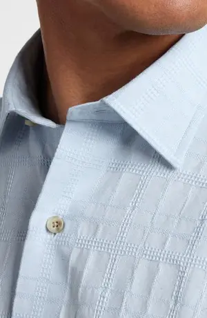 David Donahue Geometric Embroidered Short Sleeve Cotton & Linen Button-up Shirt