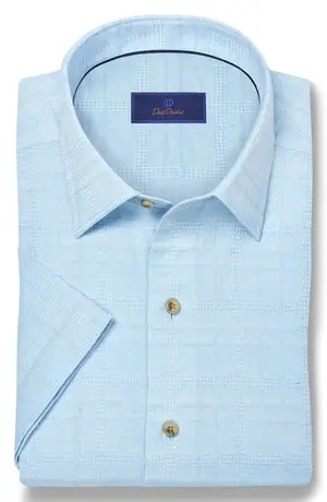 David Donahue Geometric Embroidered Short Sleeve Cotton & Linen Button-up Shirt